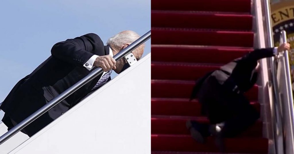 President Joe Biden stumbles twice while ascending Air Force One stairs
